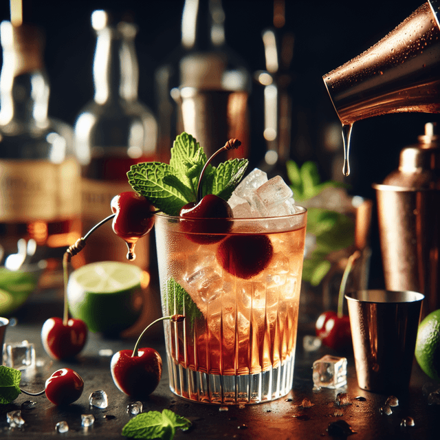 Cherry Bourbon Smash, Bourbon, ginger, and cherry cocktail