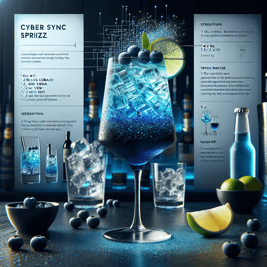 Cyber Sync Spritz, Tech-inspired cocktail with vibrant blue hue
