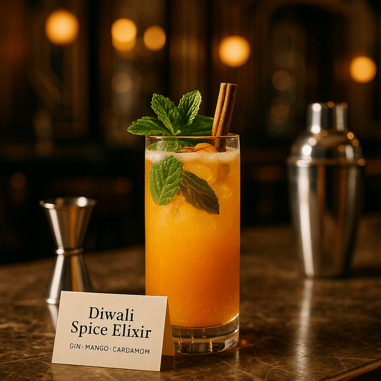 Diwali Spice Elixir, Vibrant Diwali Spice Elixir cocktail with warm spices