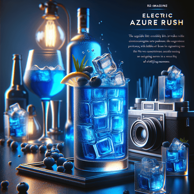 Electric Azure Rush, Vibrant sapphire cocktail with electrifying kick