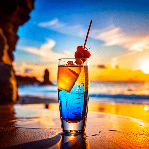 Electric Skyline, Vibrant cocktail with vodka, citron, and grenadine layers