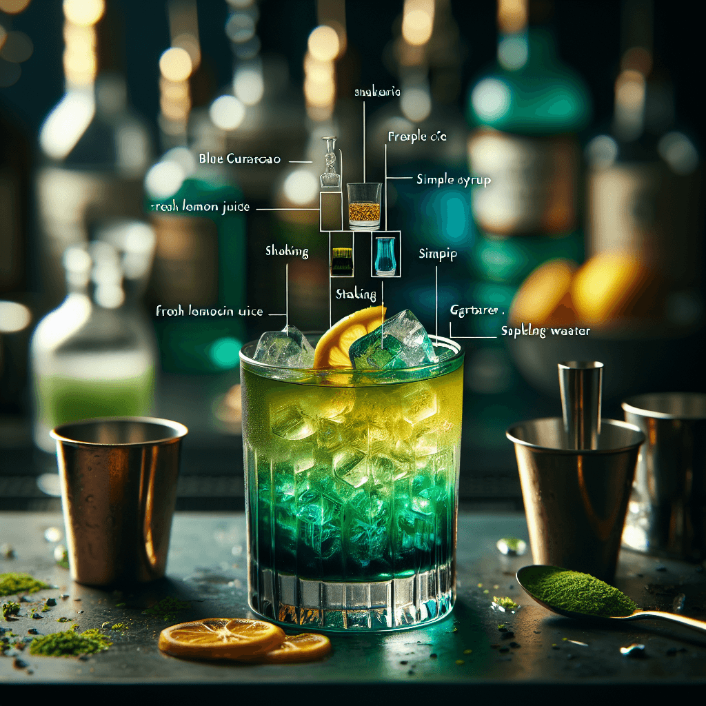 Emerald Fusion, Refreshing green cocktail with blue and yellow ingredients