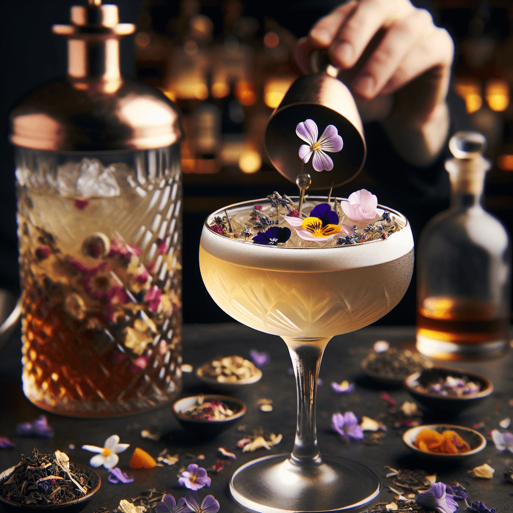 Eternal Blossom Sip, Tea-infused cocktail with floral gin and dried fruits