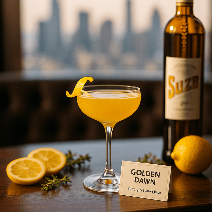 Golden Dawn, Vibrant, refreshing cocktail with Suze, citrus, and floral ...