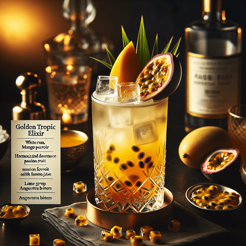 Golden Tropic Elixir, Vibrant tropical cocktail with mango, passion ...