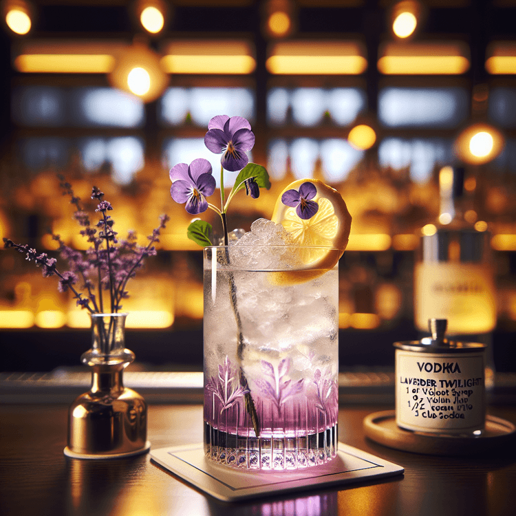 Lavender Twilight, Cocktail with vodka, violet syrup, lemon, and club soda