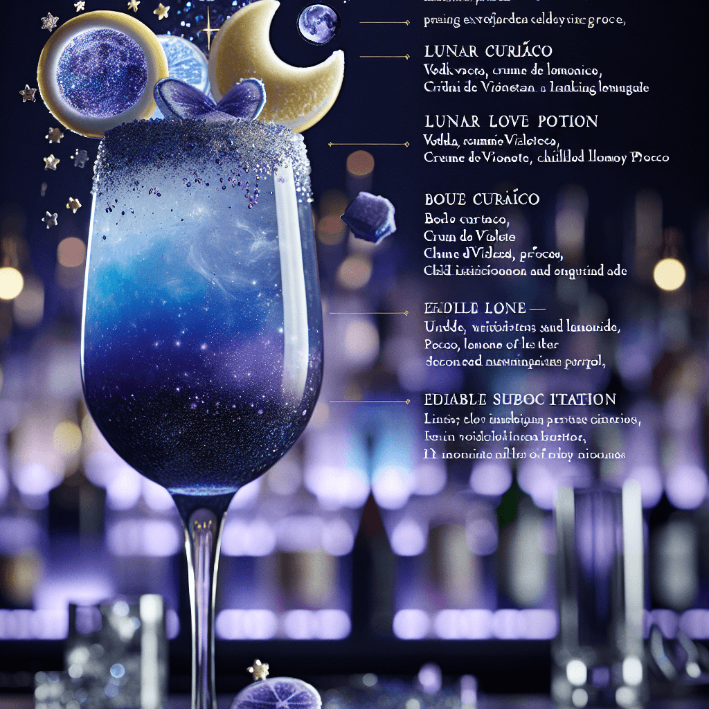 Lunar Love Potion, Whimsical moon-themed cocktail with enchanting sparkle