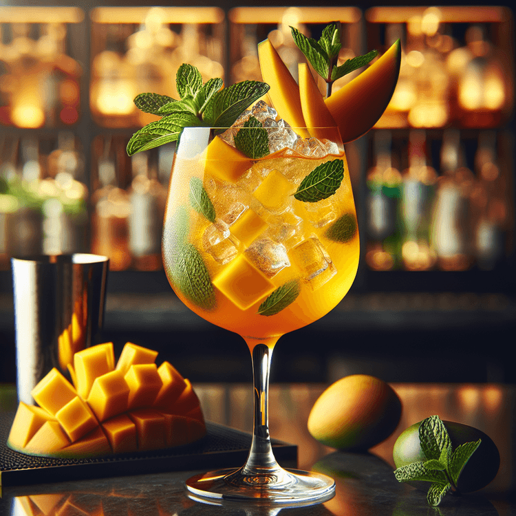 Mango Mirage Fizz, Tropical gin cocktail with mango and sparkling water