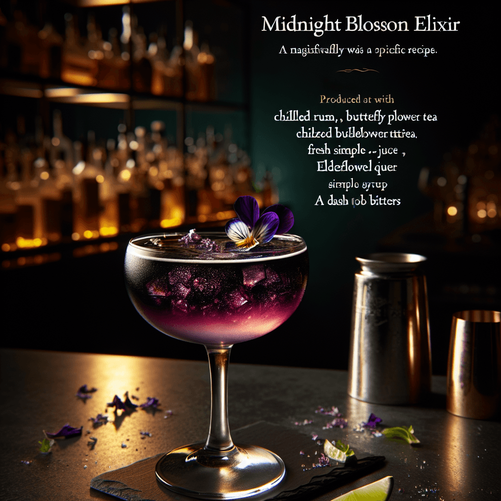 Midnight Blossom Elixir, Rich rum and floral butterfly pea tea elixir