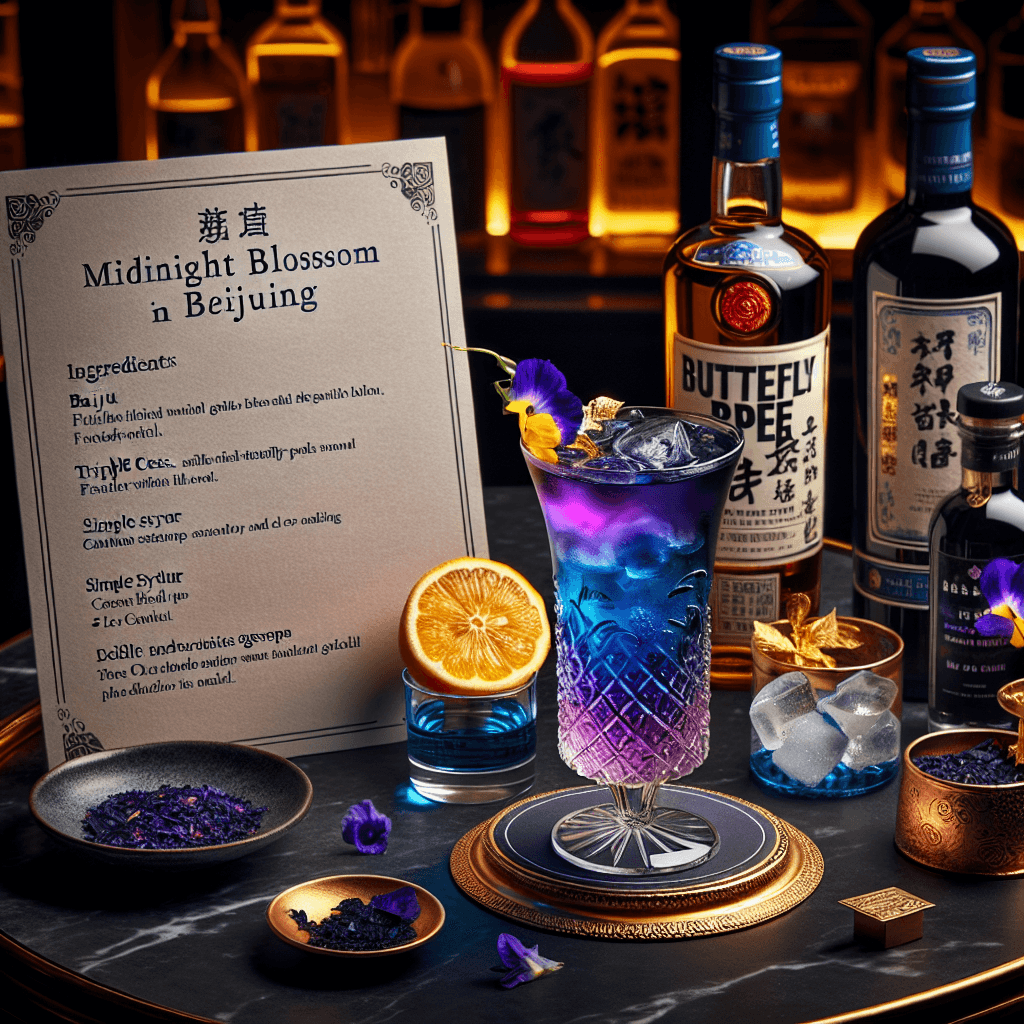 Midnight Blossom in Beijing, Baijiu cocktail with butterfly pea flower, visually stunning