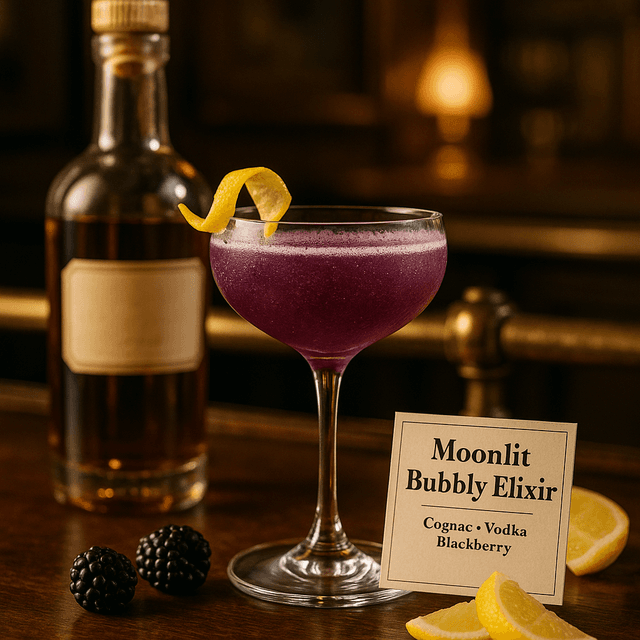 Moonlit Bubbly Elixir, Enchanting blend of cognac, vodka, blackberries ...