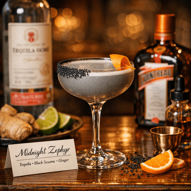 Ocho 35ml, Bold cocktail with black sesame and ginger flavors.