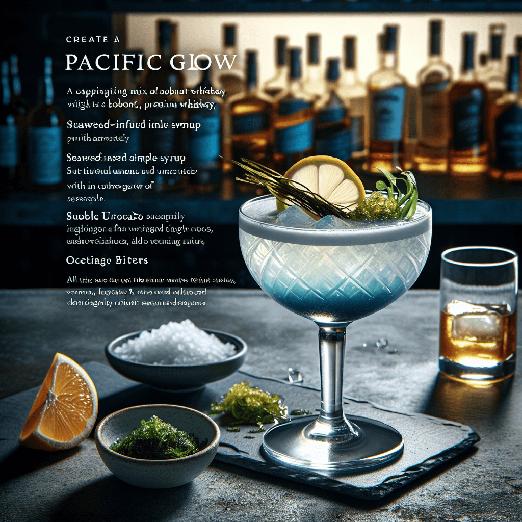 Pacific Glow, Whiskey cocktail with seaweed-infused syrup and blue curaçao