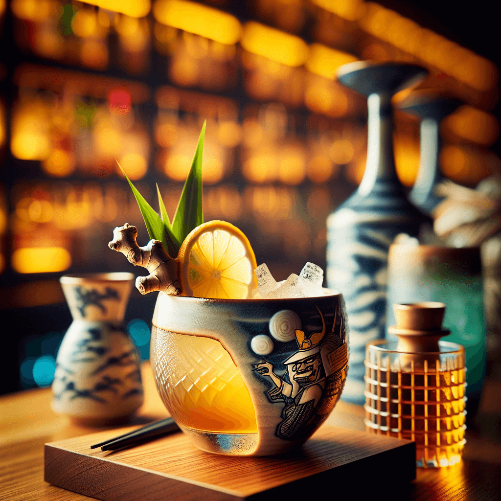Samurai Sunset, Japanese whiskey cocktail with yuzu and ginger flavors