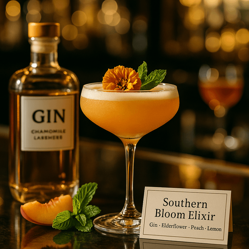 Southern Bloom Elixir, Sophisticated cocktail with floral and fruity notes