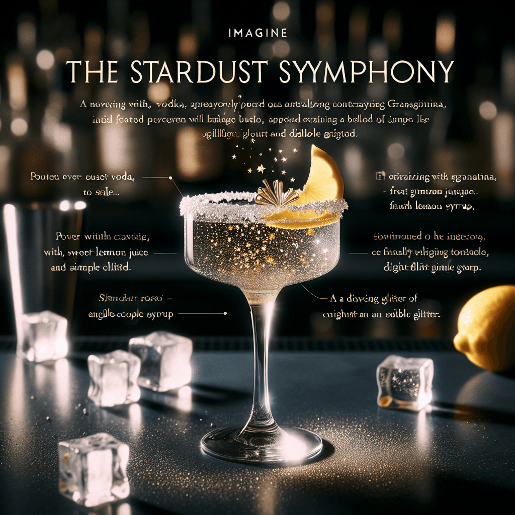 Stardust Symphony, Elegant cocktail with vodka, granatina, and edible glitter