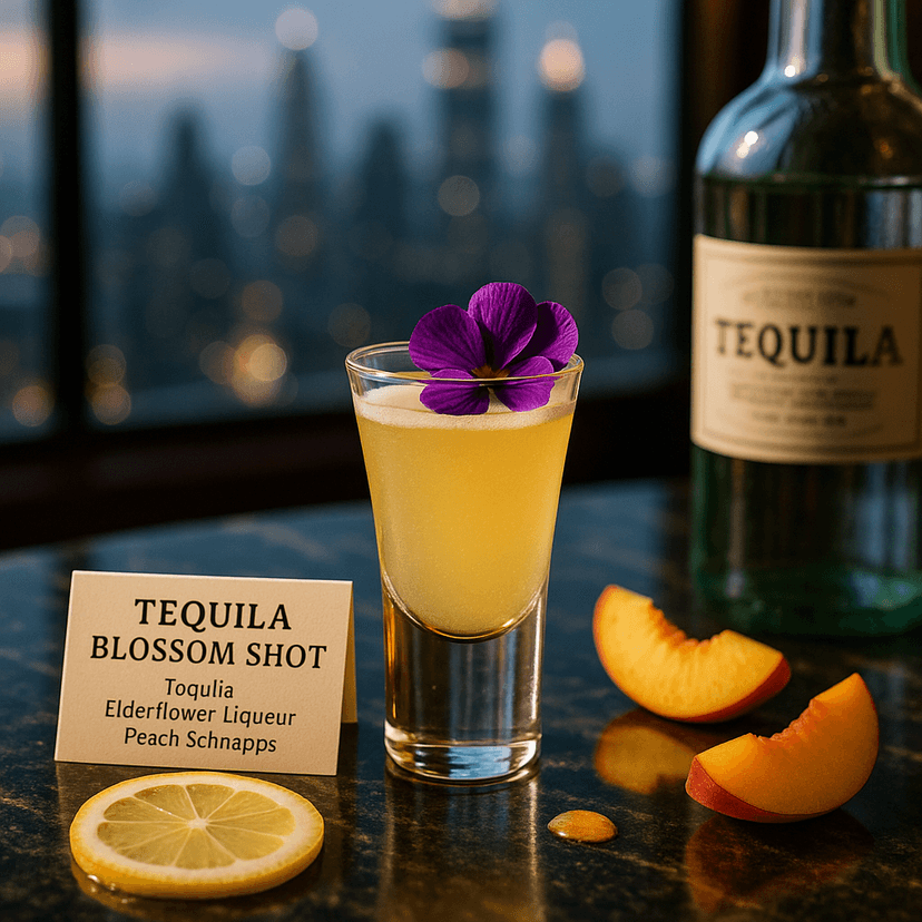 Tequila Blossom Shot, Sweet tequila shot with floral and fruity notes