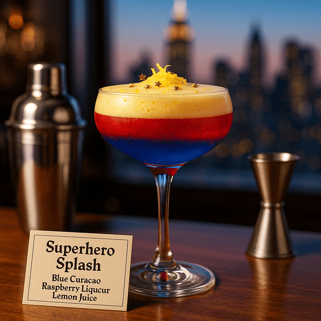 The Superhero Splash, Bold, colorful cocktail inspired by comic book heroes