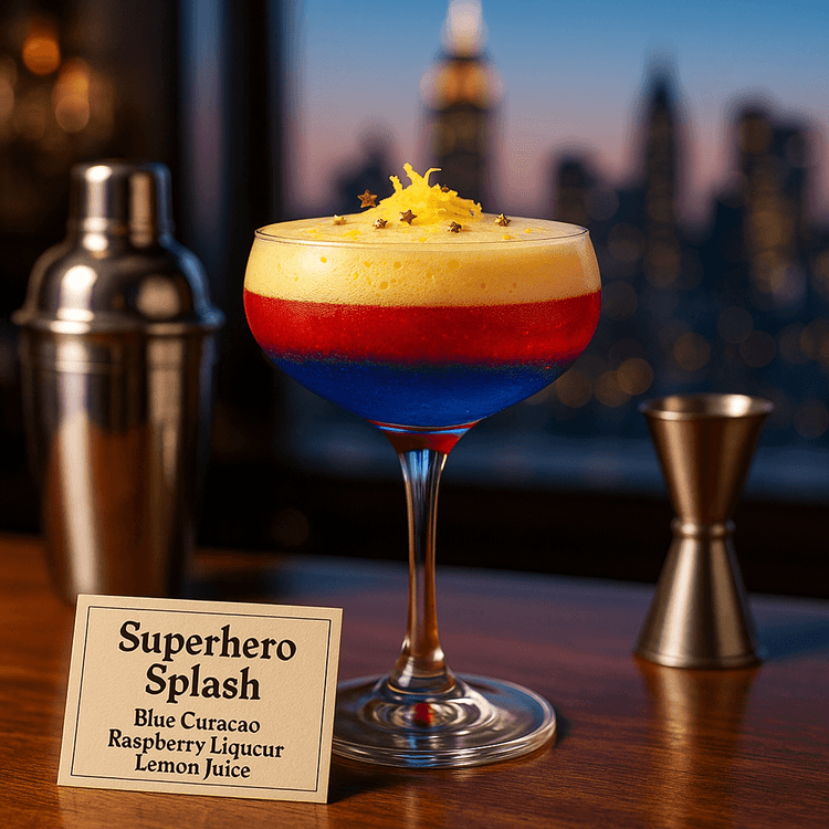 The Superhero Splash, Bold, colorful cocktail inspired by comic book heroes