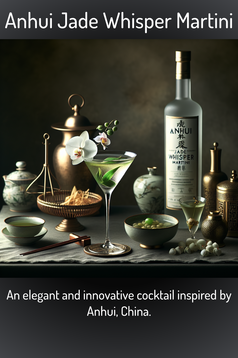 Anhui Jade Whisper Martini, An elegant and innovative cocktail inspired by Anhui, China.