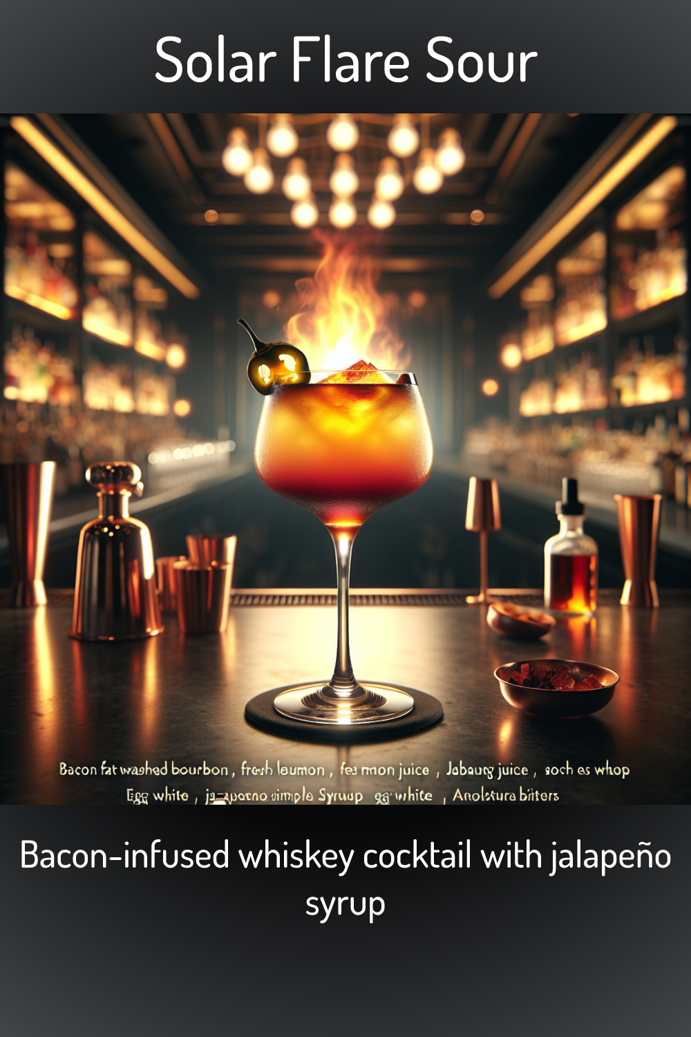 Solar Flare Sour, Bacon-infused whiskey cocktail with jalapeño syrup
