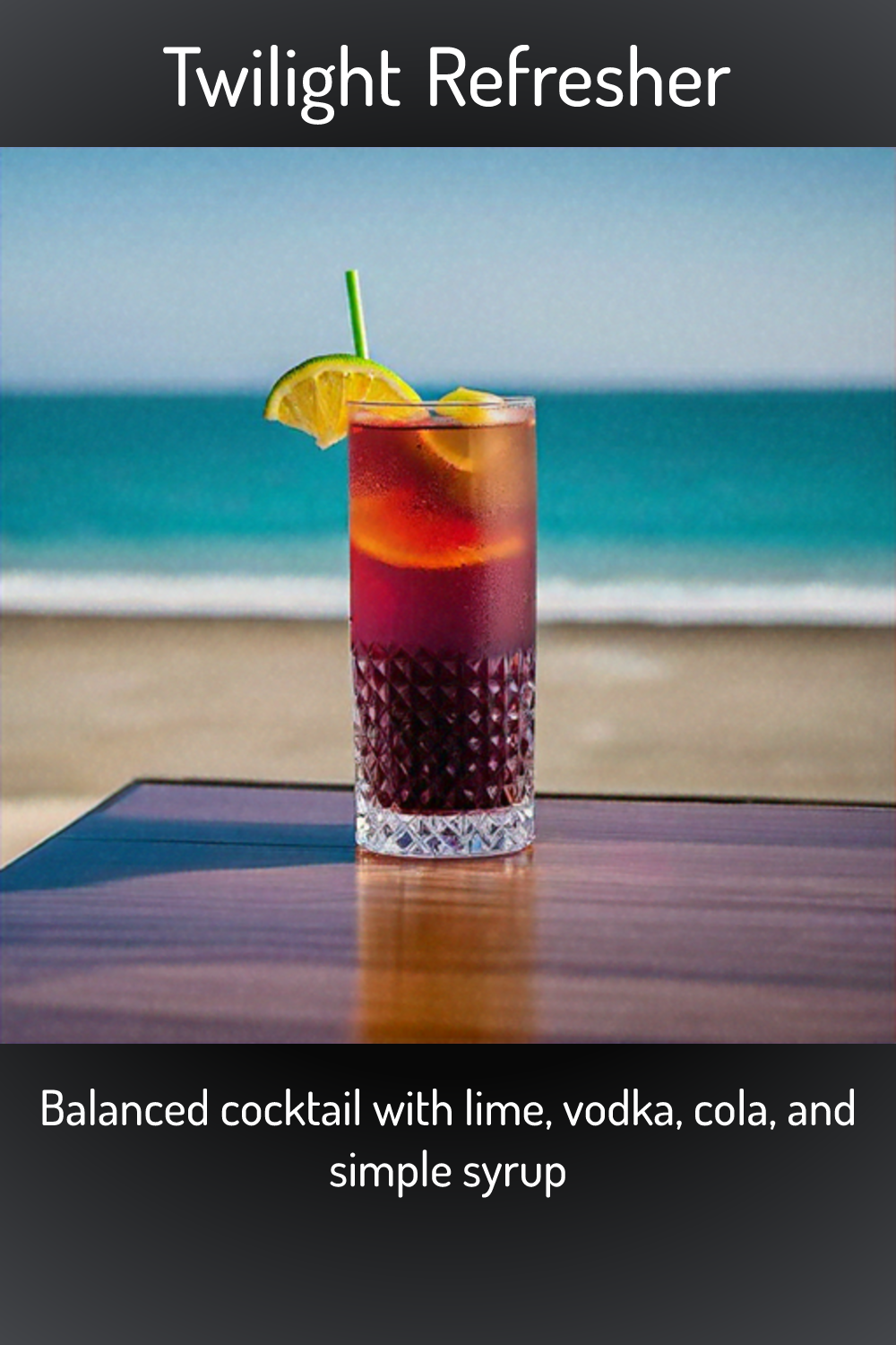 Twilight Refresher, Balanced cocktail with lime, vodka, cola, and simple syrup