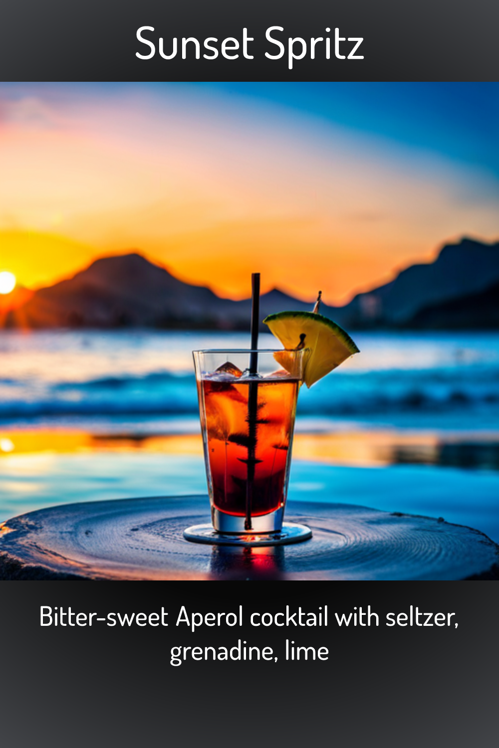 Sunset Spritz, Bitter-sweet Aperol cocktail with seltzer, grenadine, lime