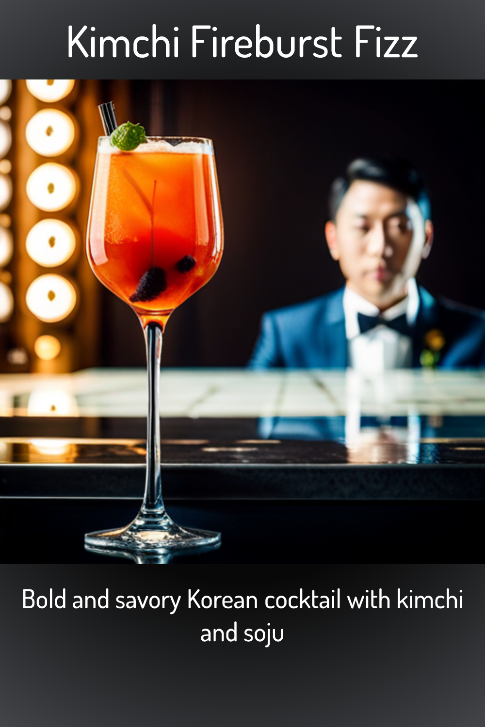 Kimchi Fireburst Fizz, Bold and savory Korean cocktail with kimchi and soju