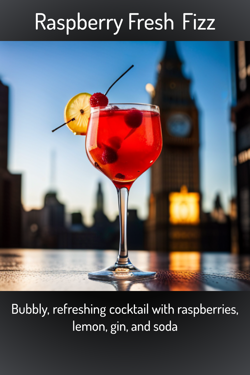 Raspberry Fresh Fizz, Bubbly, refreshing cocktail with raspberries, lemon, gin, and soda