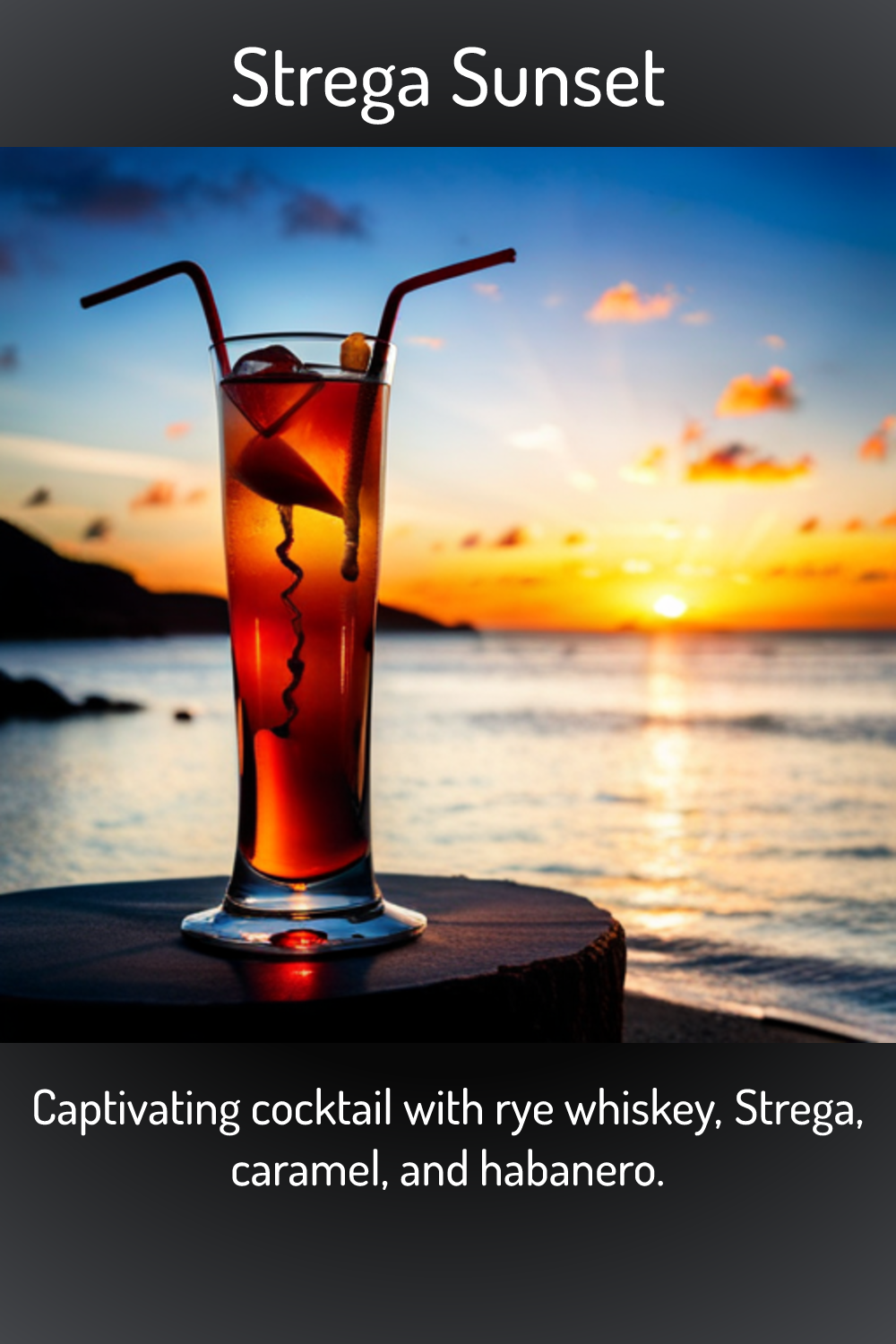 Strega Sunset, Captivating cocktail with rye whiskey, Strega, caramel, and habanero.