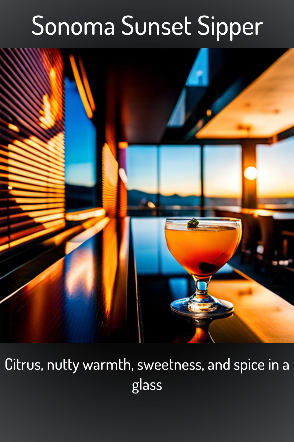 Sonoma Sunset Sipper, Citrus, nutty warmth, sweetness, and spice in a glass
