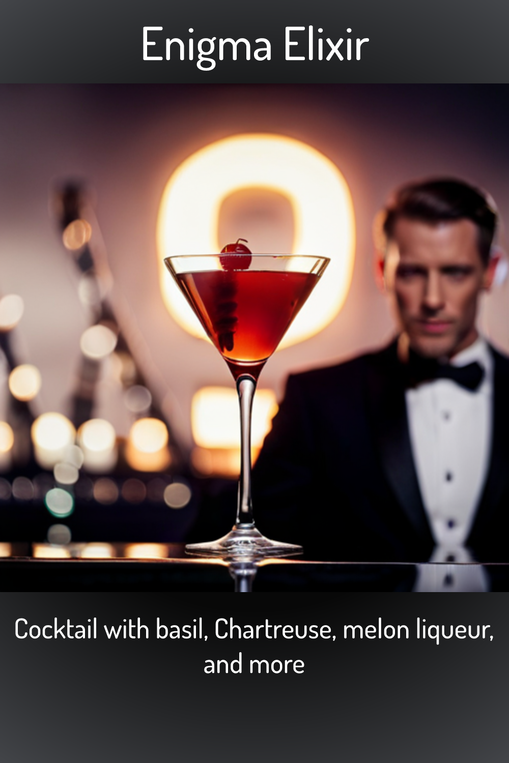Enigma Elixir, Cocktail with basil, Chartreuse, melon liqueur, and more