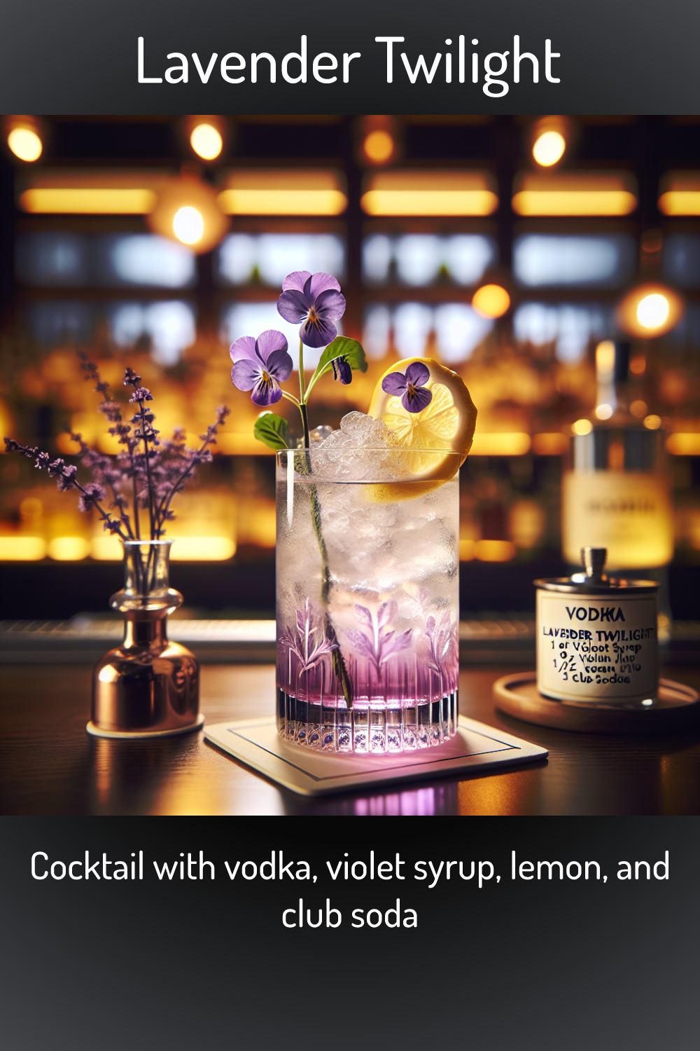 Lavender Twilight, Cocktail with vodka, violet syrup, lemon, and club soda