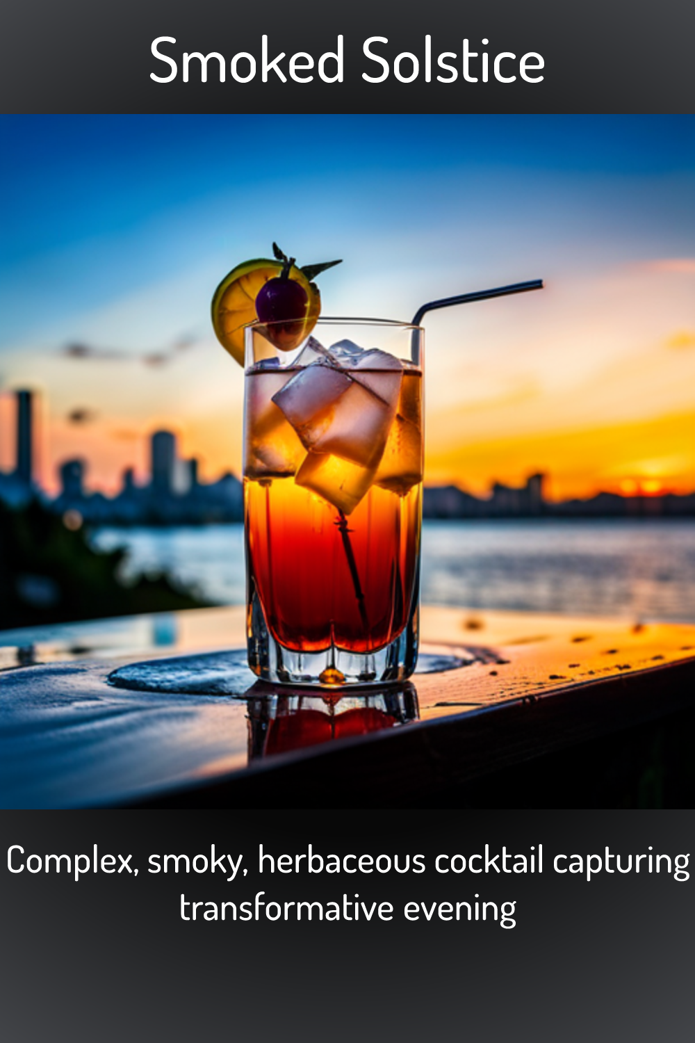 Smoked Solstice, Complex, smoky, herbaceous cocktail capturing transformative evening