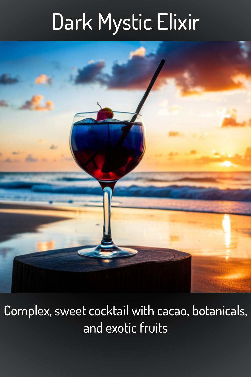 Dark Mystic Elixir, Complex, sweet cocktail with cacao, botanicals, and exotic fruits