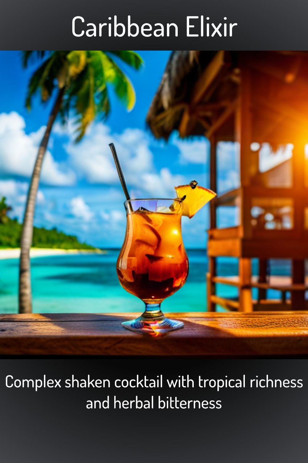 Caribbean Elixir, Complex shaken cocktail with tropical richness and herbal bitterness