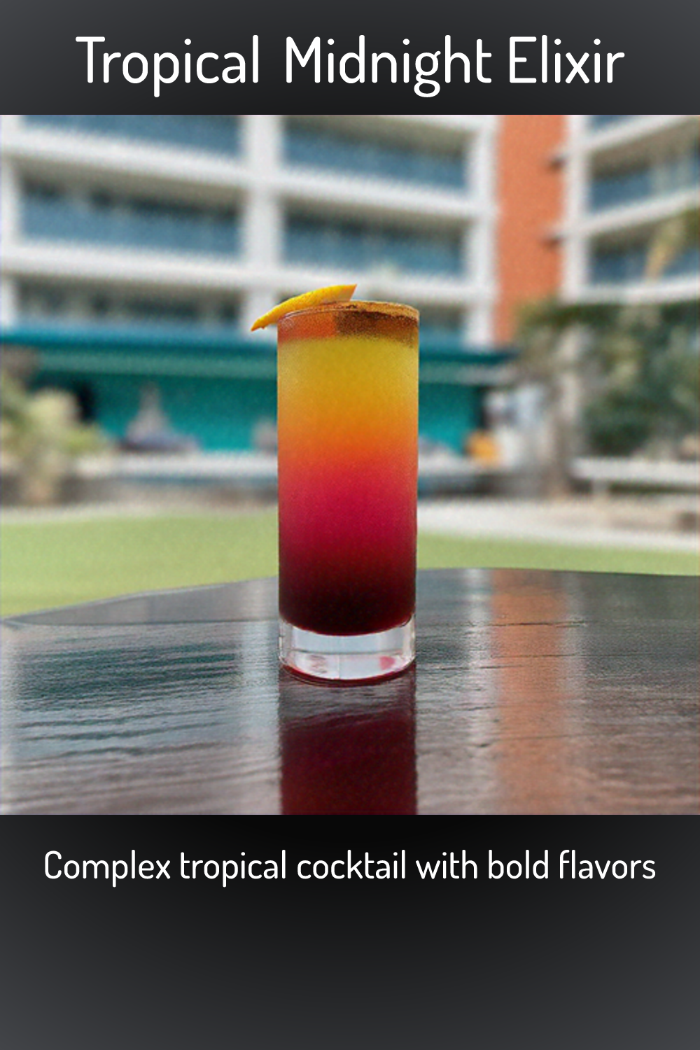 Tropical Midnight Elixir, Complex tropical cocktail with bold flavors