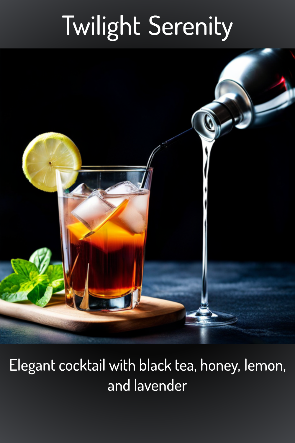 Twilight Serenity Elegant Cocktail With Black Tea Honey Lemon And