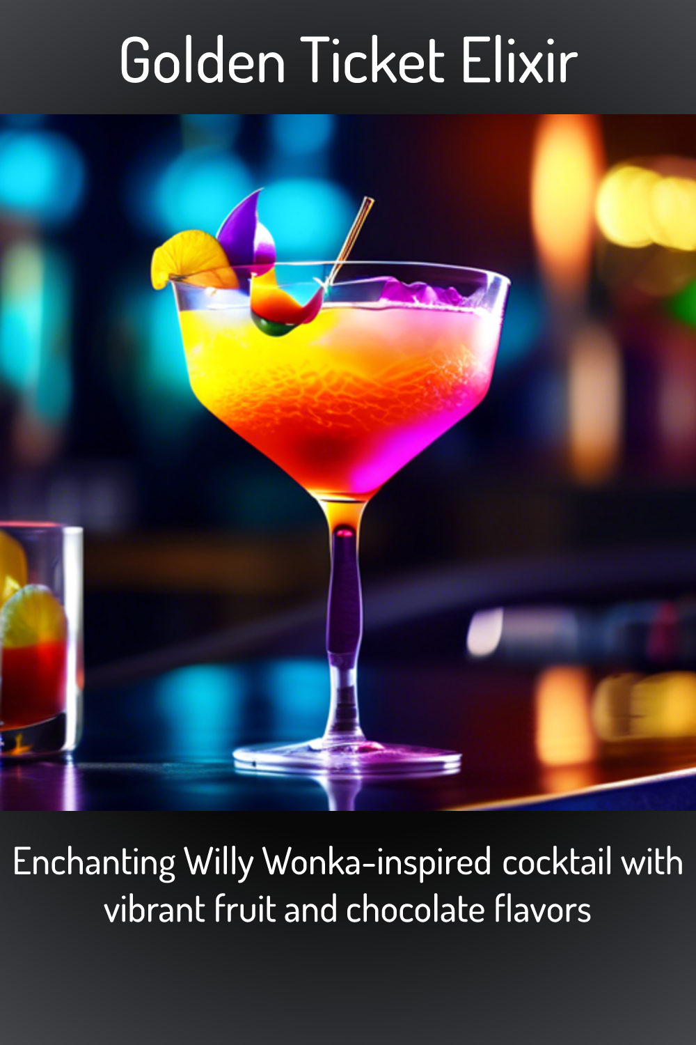 Golden Ticket Elixir, Enchanting Willy Wonka-inspired cocktail with vibrant fruit and chocolate ...