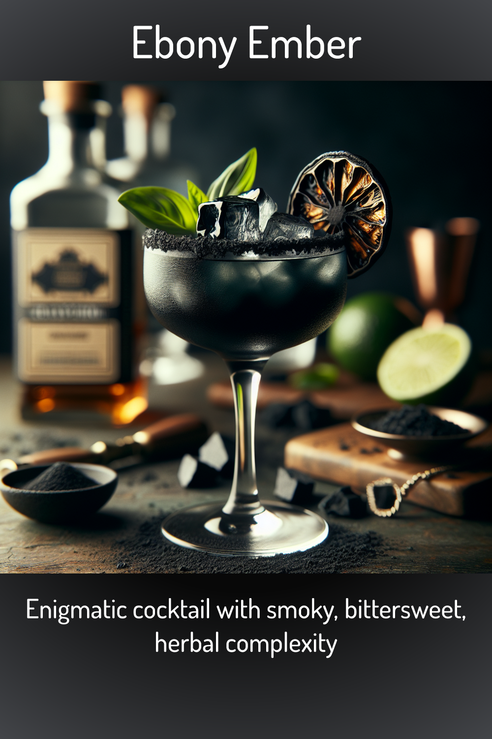 Ebony Ember, Enigmatic cocktail with smoky, bittersweet, herbal complexity