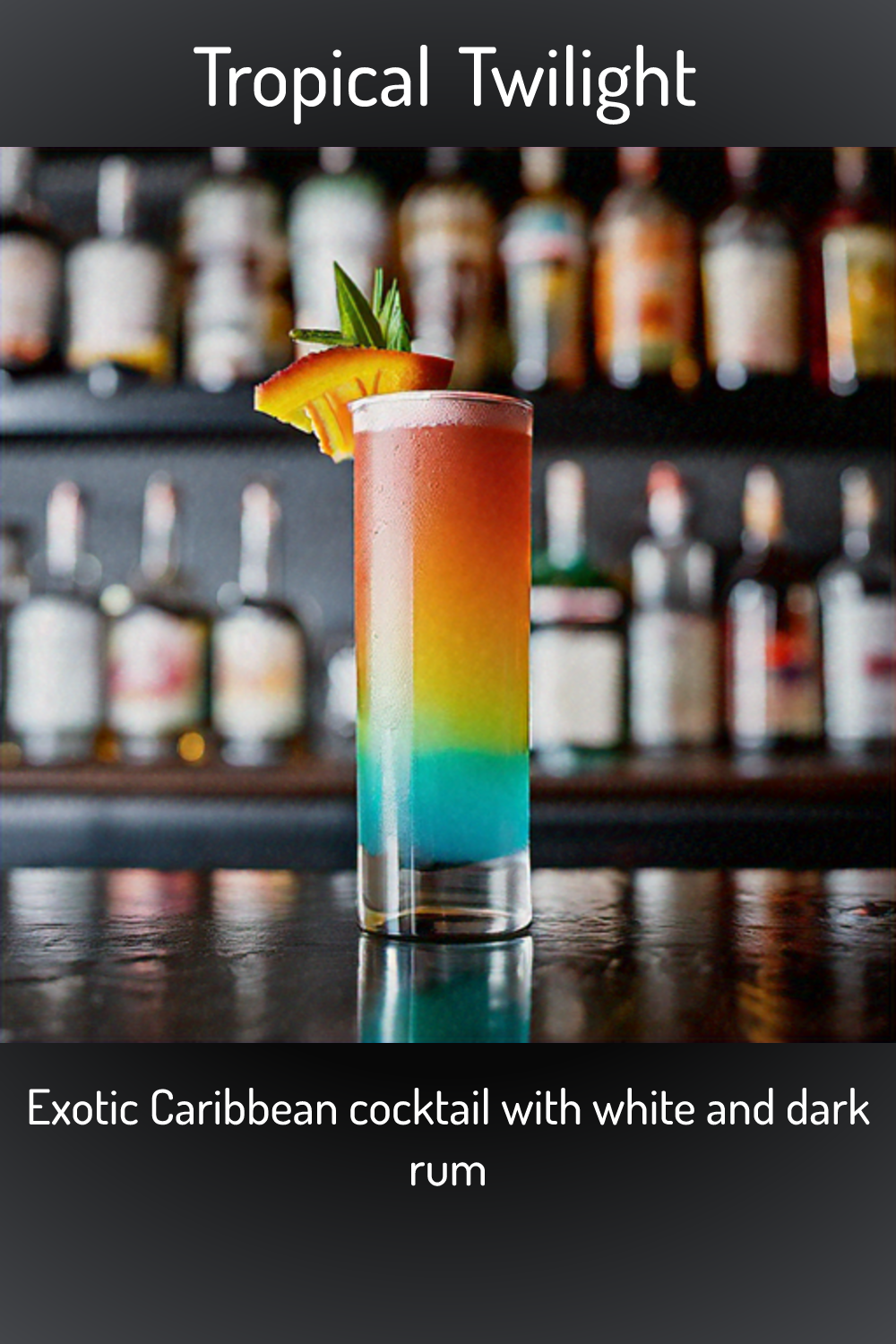 Tropical Twilight, Exotic Caribbean cocktail with white and dark rum