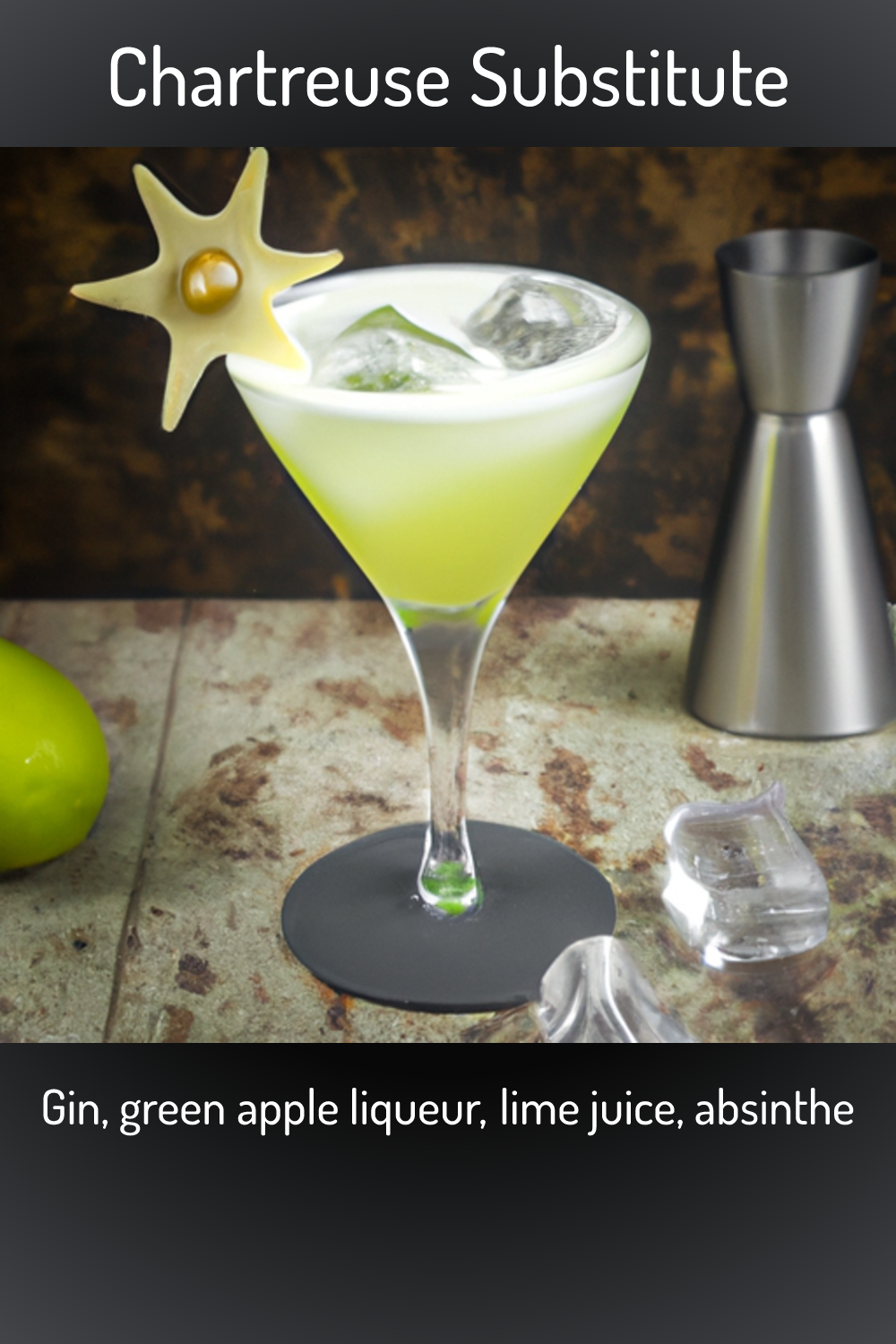 Chartreuse Substitute, Gin, green apple liqueur, lime juice, absinthe