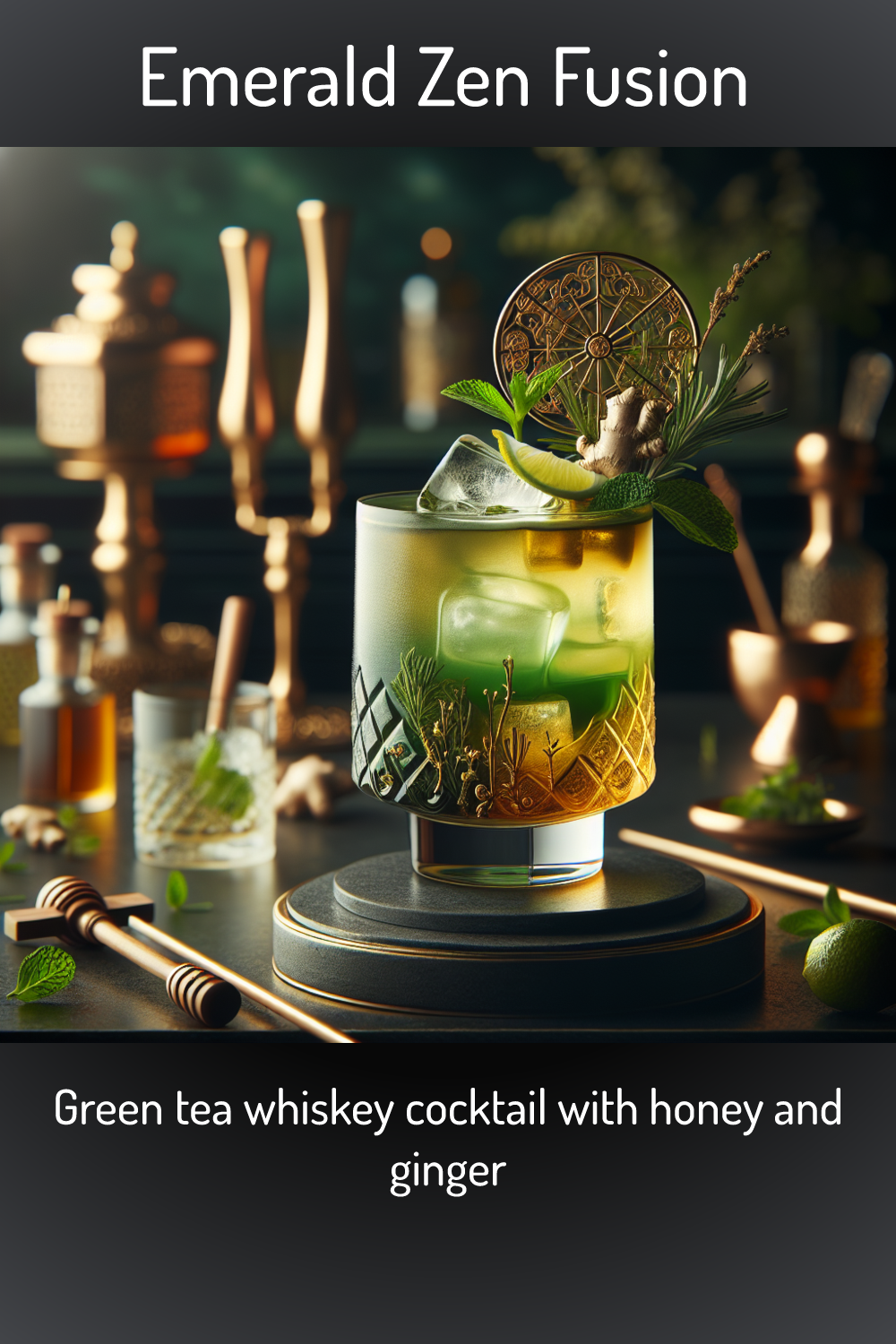Emerald Zen Fusion, Green tea whiskey cocktail with honey and ginger