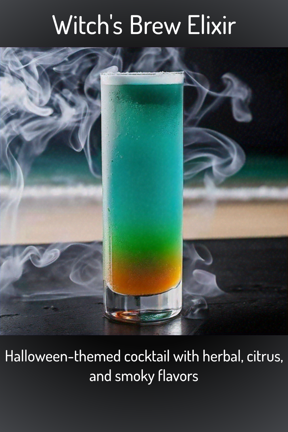 Witch's Brew Elixir, Halloween-themed cocktail with herbal, citrus, and smoky flavors
