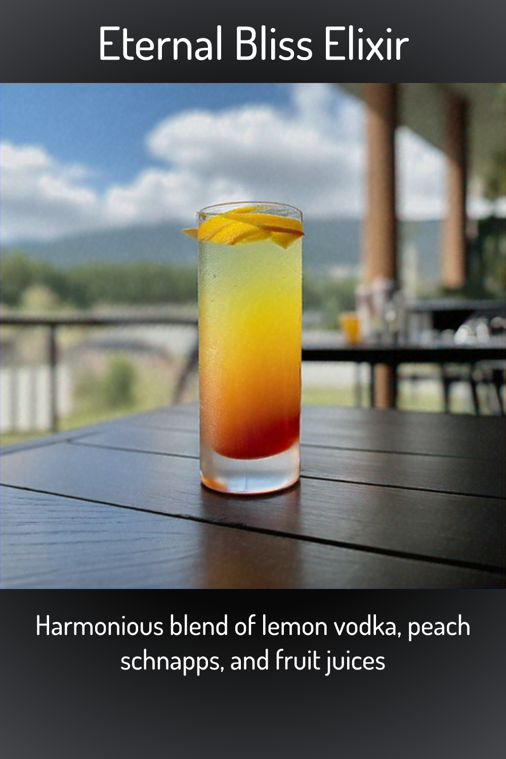 Eternal Bliss Elixir, Harmonious blend of lemon vodka, peach schnapps, and fruit juices