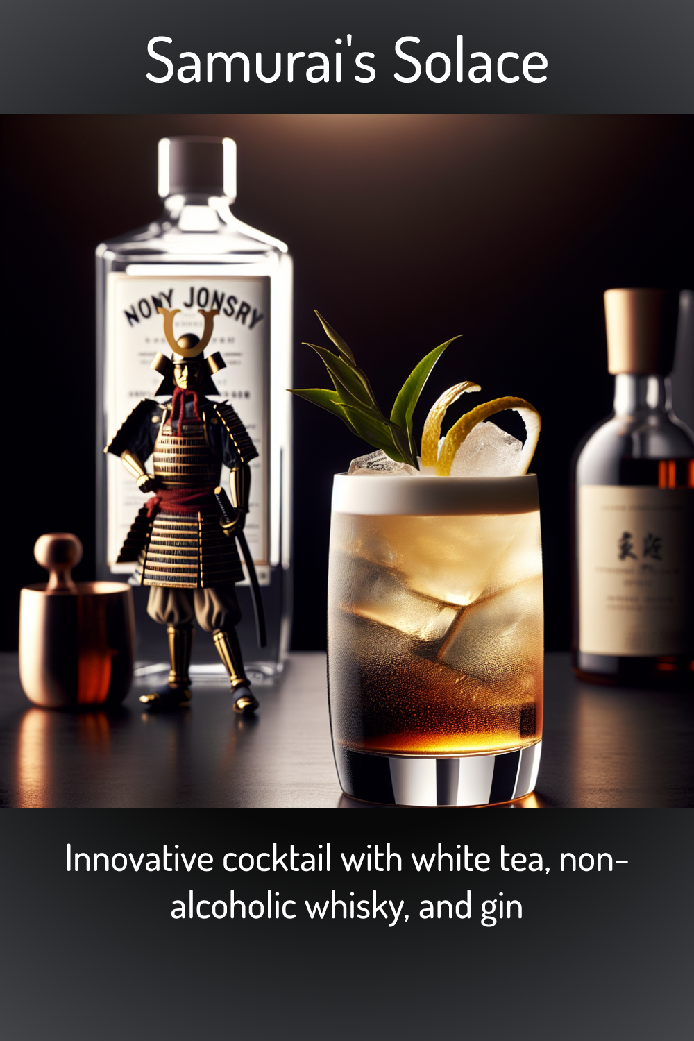 Samurai's Solace, Innovative cocktail with white tea, non-alcoholic whisky, and gin