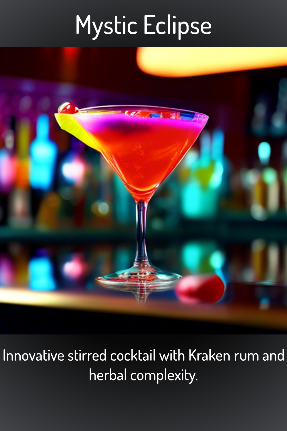 Mystic Eclipse, Innovative stirred cocktail with Kraken rum and herbal complexity.