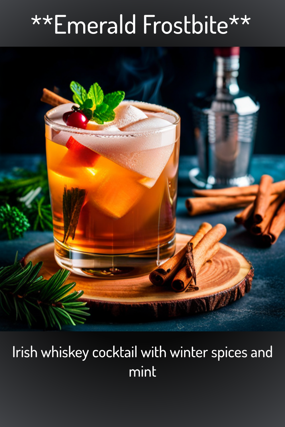 **Emerald Frostbite**, Irish whiskey cocktail with winter spices and mint