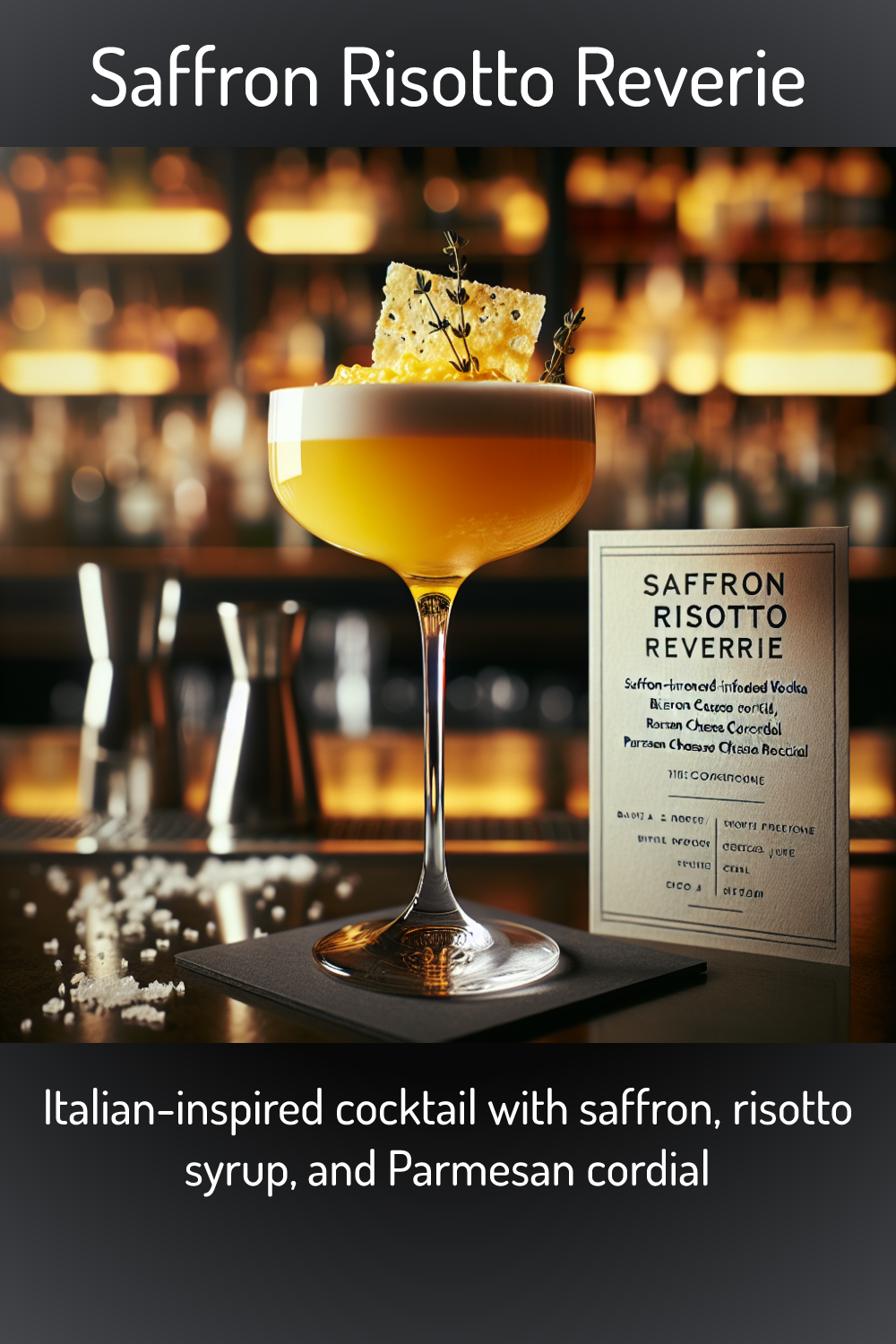 Saffron Risotto Reverie, Italian-inspired cocktail with saffron, risotto syrup, and Parmesan cordial