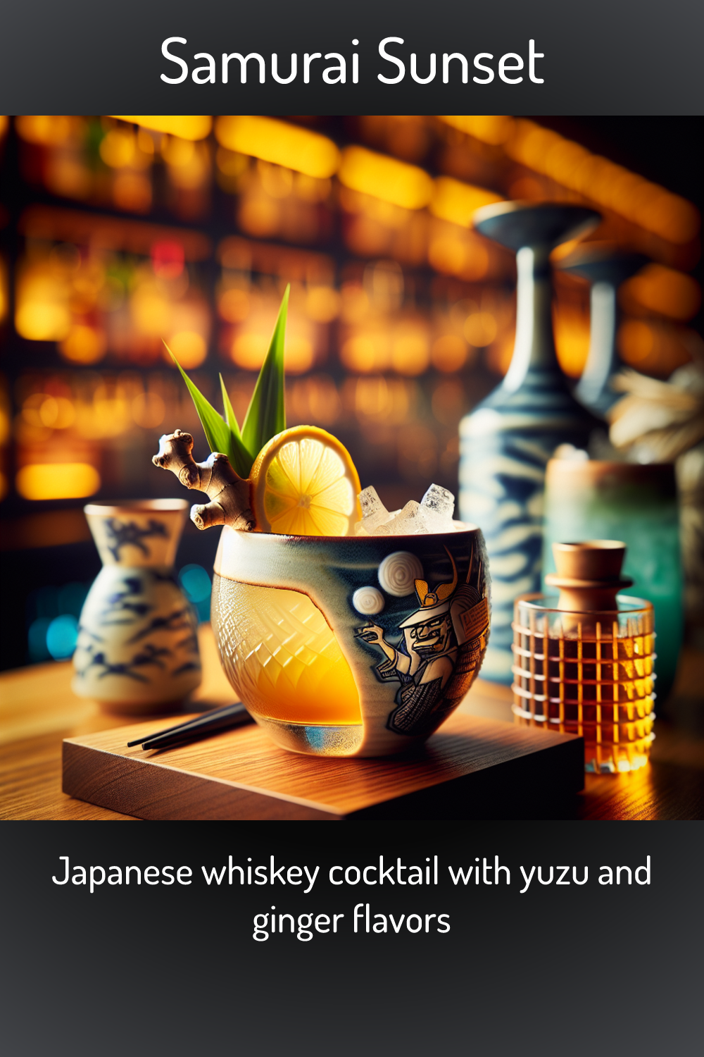 Samurai Sunset, Japanese whiskey cocktail with yuzu and ginger flavors